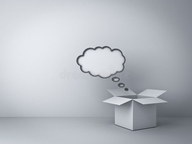 Opened Box with Blank Thought Bubble Over Empty White Wall Background ...