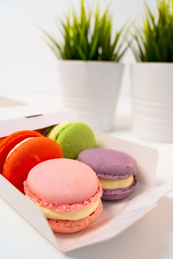 Opened Box of Macarons on a White Table Against the Backdrop of a ...