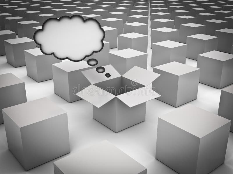 Opened Box with Thought Bubble Amongst the Closed White Boxes Stock ...