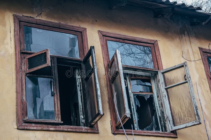 Opened Broken Windows of Burned by Fire House Stock Image - Image of ...