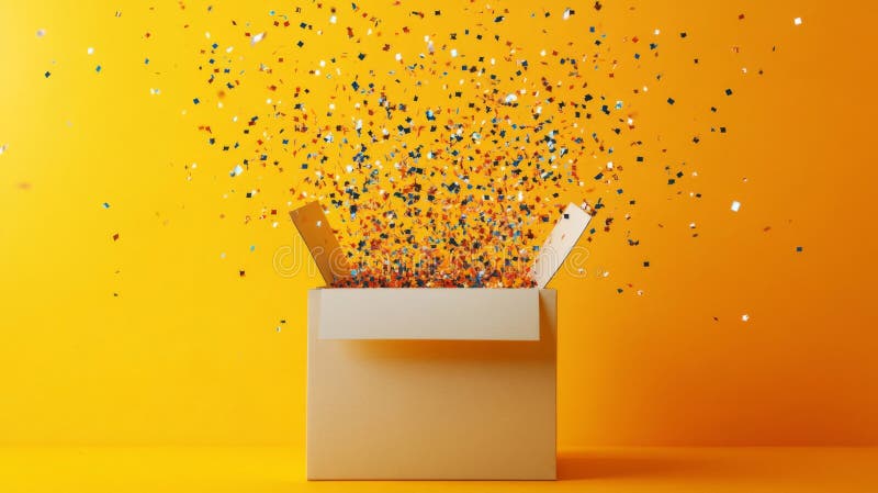 Opened Cardboard Box with Colorful Confetti Explosion on Yellow ...