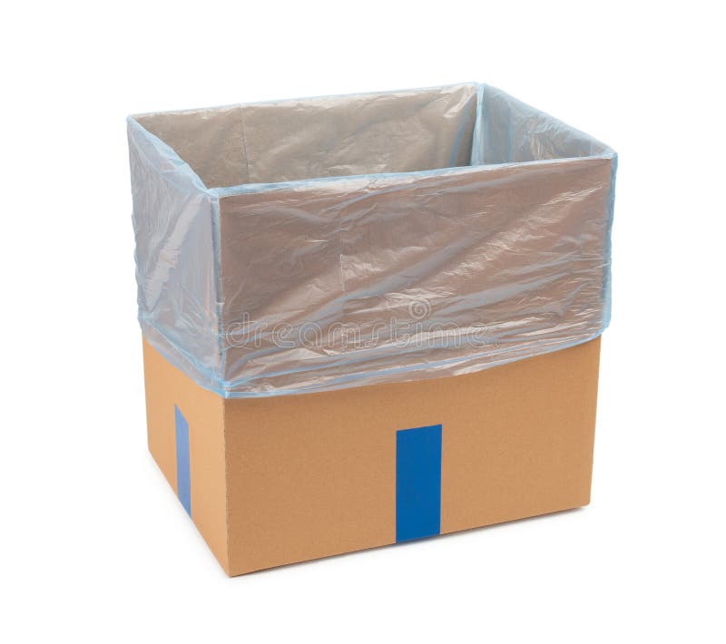 Opened Cardboard Box with a Plastic Bag Inside. Isolated on White ...