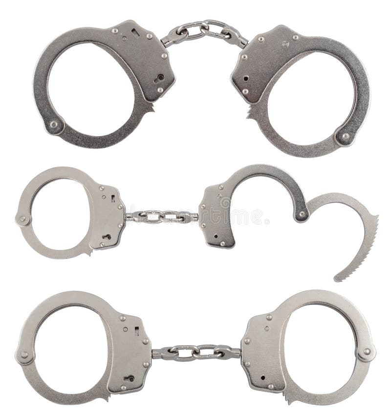 Opened and Closed Handcuffs on White Background. Top View Stock Photo ...