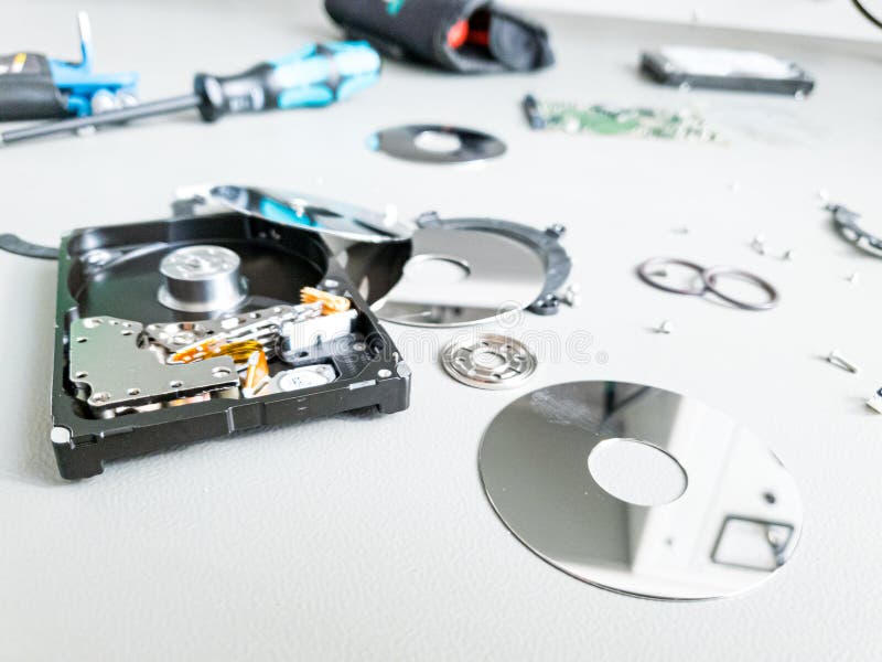 Opened Computer Hard Drive on a Table Prepared To Be Fixed. Stock Photo ...