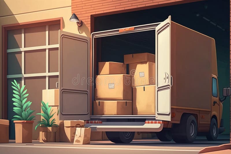 Opened Delivery Van Trunk Full with Moving Boxes Parked in Warehouse or ...