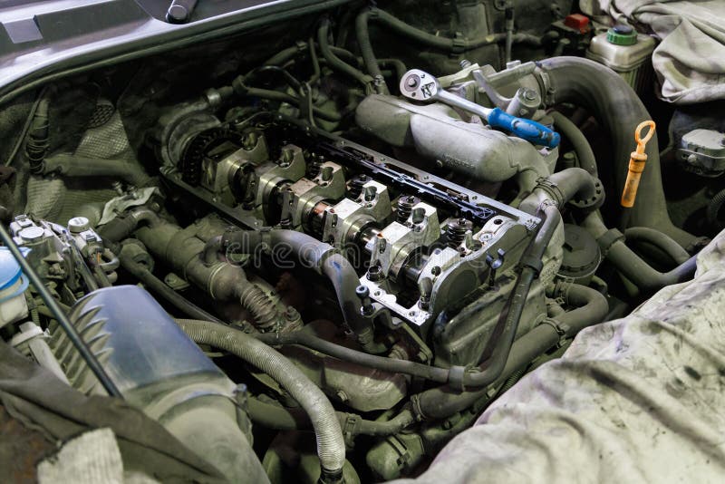 Combustion Engine of German SUV with Removed Valve Cover and Rocker ...