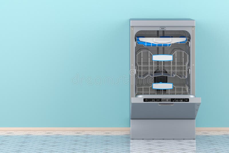 Opened Dishwasher in Room Near the Wall, Front View. 3D Rendering Stock ...