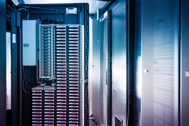 An Opened Door of Data Center Cabinet Filled with Data Storage Hw Stock ...