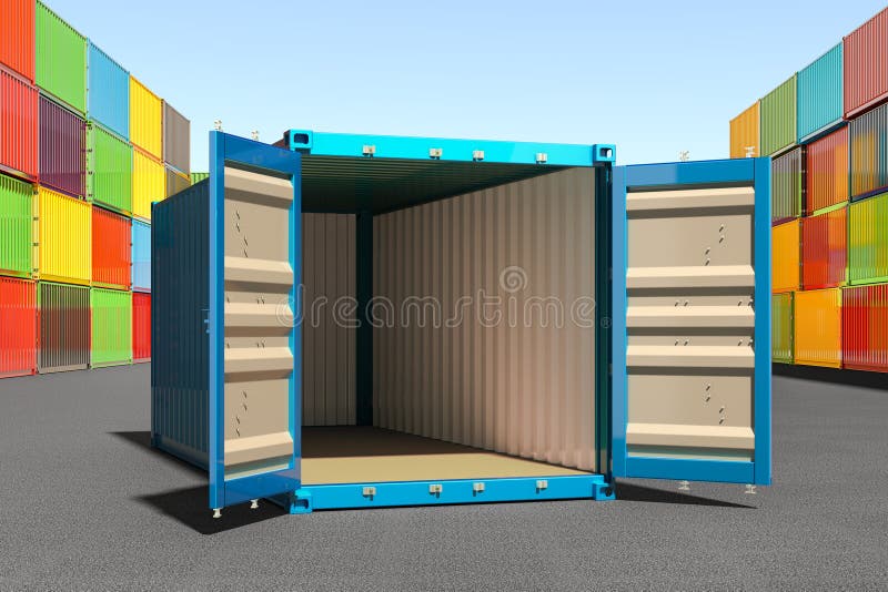 Opened Empty Cargo Container in Port Dock, 3D Rendering Stock ... Opened Empty Cargo Container in Port Dock, 3D Rendering Stock ...