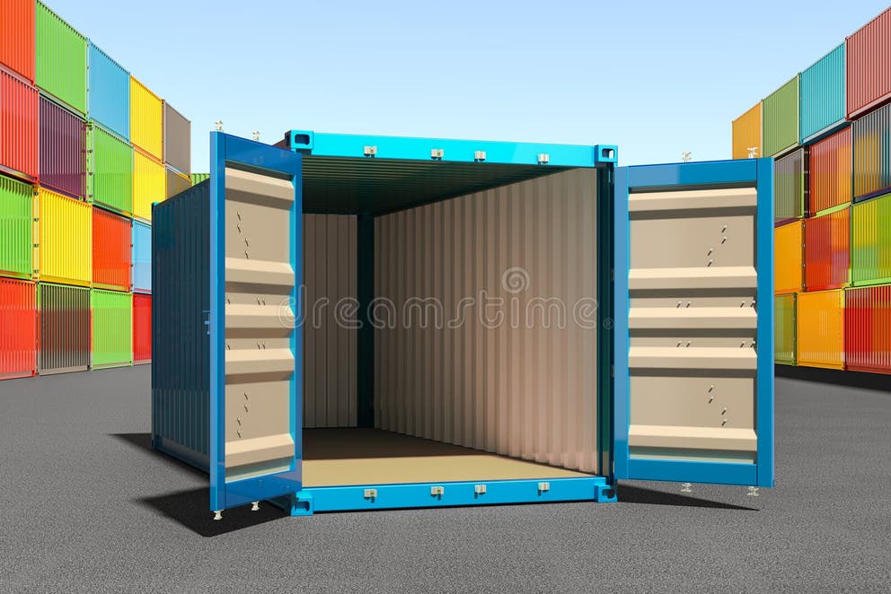 Opened Empty Cargo Container in Port Dock, 3D Rendering Stock ...