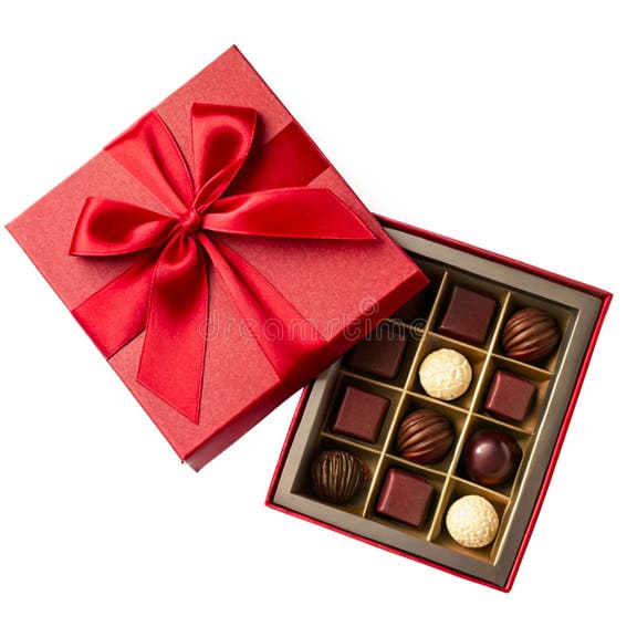 Opened Empty Square Red Gift Box with Red Ribbon, Chocolates on ...