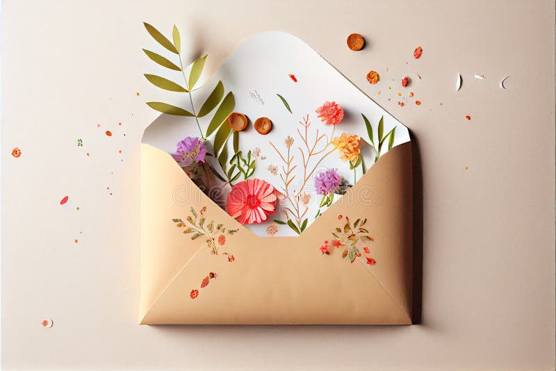 Opened Envelope with Flowers Arrangements on Light Background, Top View ...