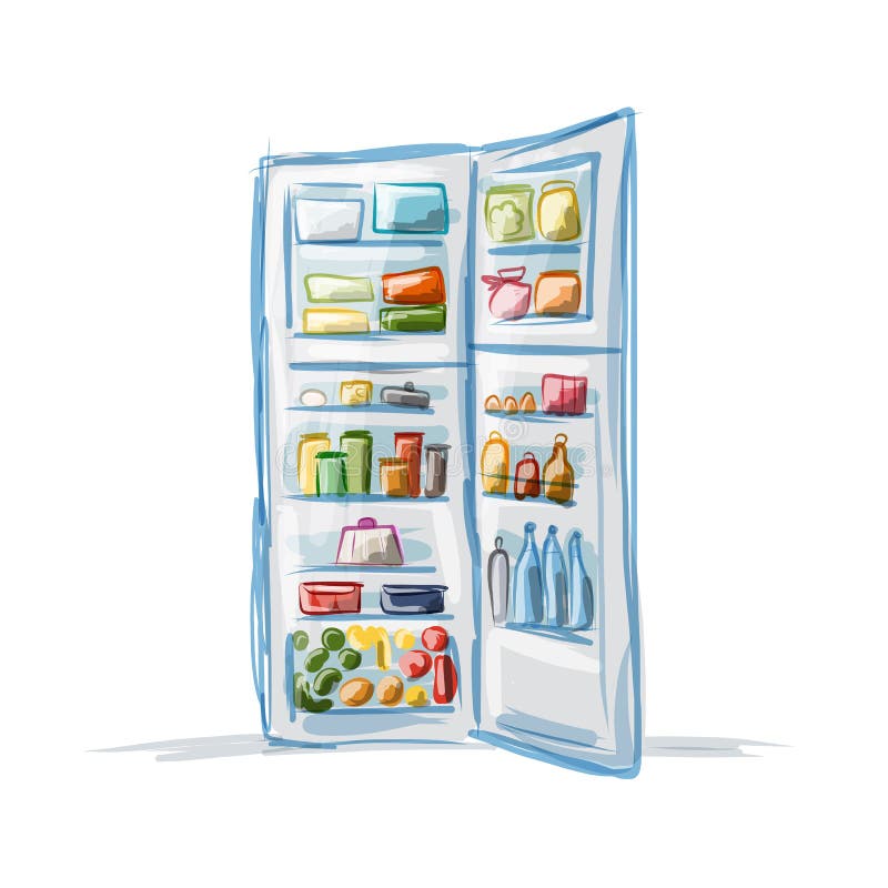 Opened Fridge Full Of Food, Sketch For Your Design Stock Vector ... Opened Fridge Full Of Food, Sketch For Your Design Stock Vector ...