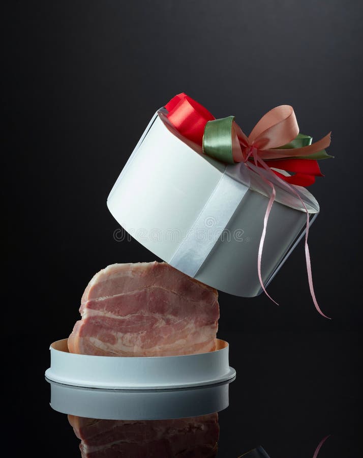 Opened Gift Box with Ham on a Black Background Stock Image - Image of ...
