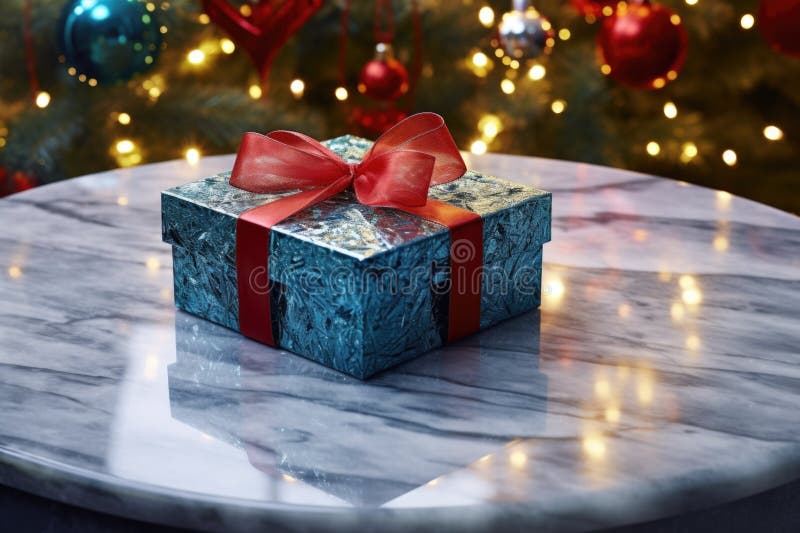 An Opened Gift Box with Sparkling Tinsel Inside on Marble Table Stock ...