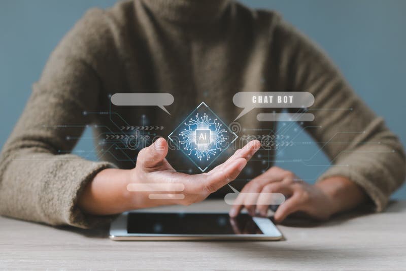 Opened Hand of Virtual Artificial Intelligence with Chatbot Communicate ...