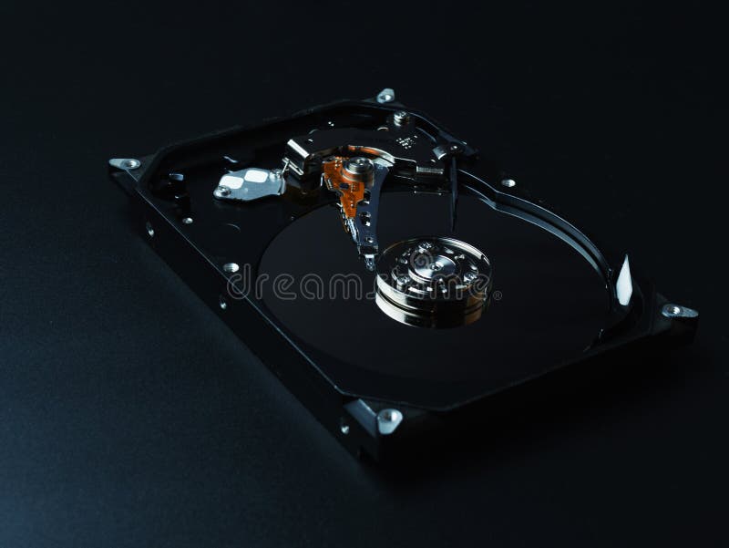 Opened Hard Drive Disk on Dark Background. Stock Image - Image of drive ...