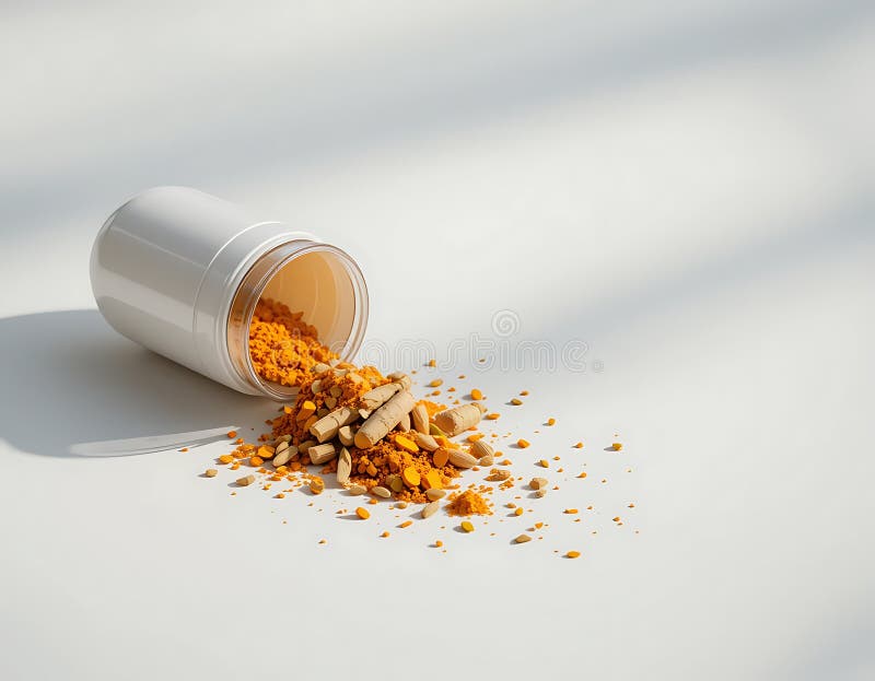 Opened Herbal Capsule with Natural Ingredients on White Table Stock ...