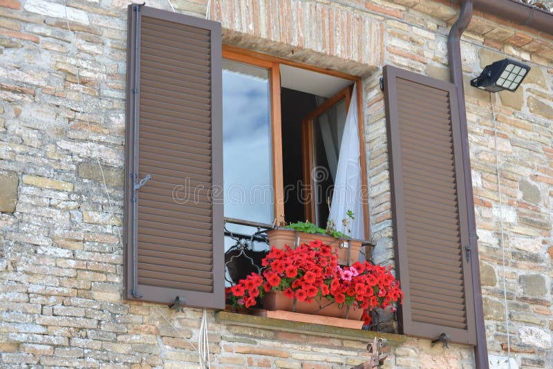 Opened Italian window stock image. Image of petunias - 95326649