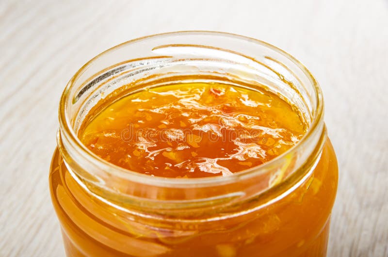Opened Jar with Orange Jam on Wooden Table Stock Photo - Image of ...