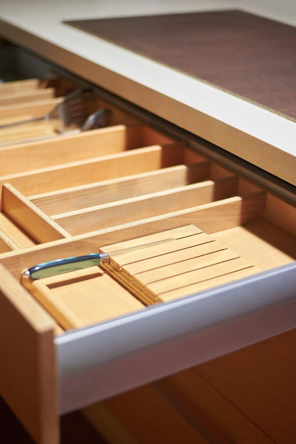 Opened Kitchen Drawer, Kitchen in a Traditional Style with Wooden White ...