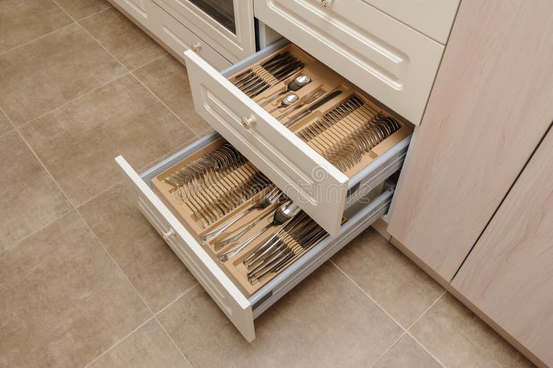 Opened Kitchen Drawers with Silverware Stock Image - Image of silver ...