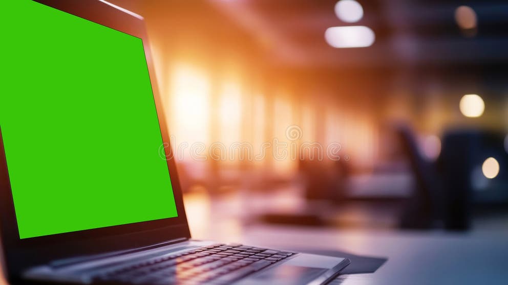 Opened Laptop Displaying Green Chroma Key Screen within Industrial ...
