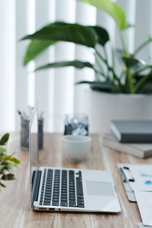 Opened Laptop On Office Table Stock Image - Image of technology ...