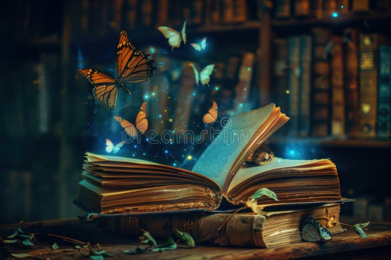 Opened Magic Book with Butterflies Flying Out of it. Stack of Books ...