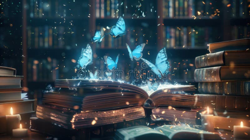 Opened Magic Book with Butterflies Flying Out of it. Stack of Books ...