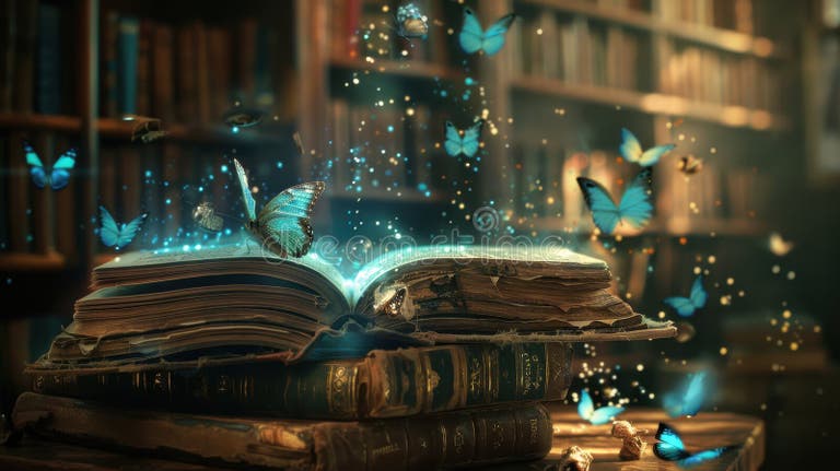 Opened Magic Book with Butterflies Flying Out of it. Stack of Books ...
