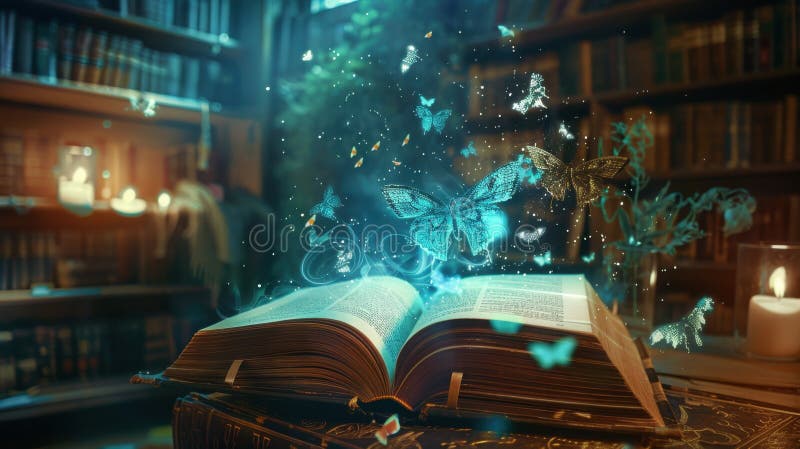Opened Magic Book with Butterflies Flying Out of it. Stack of Books ...