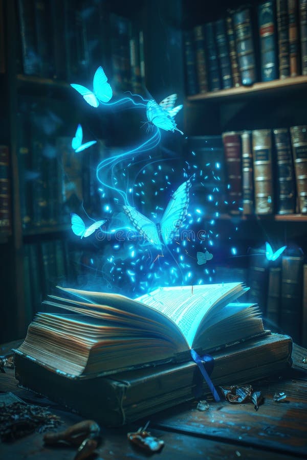 Opened Magic Book with Butterflies Flying Out of it. Stack of Books ...