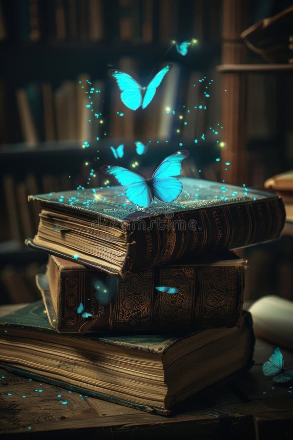 Opened Magic Book with Butterflies Flying Out of it. Stack of Books ...