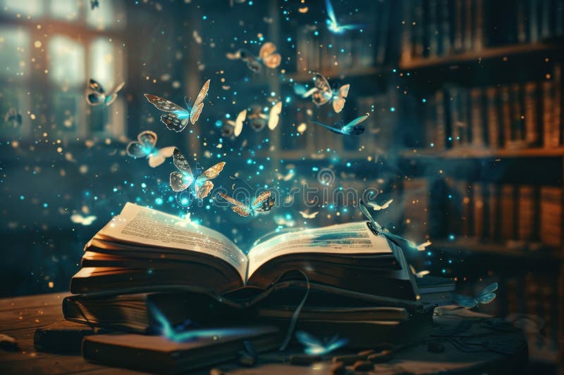 Opened Magic Book with Butterflies Flying Out of it. Stack of Books ...
