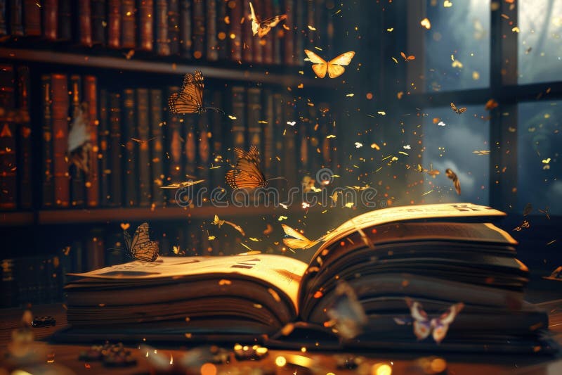 Opened Magic Book with Butterflies Flying Out of it. Stack of Books ...