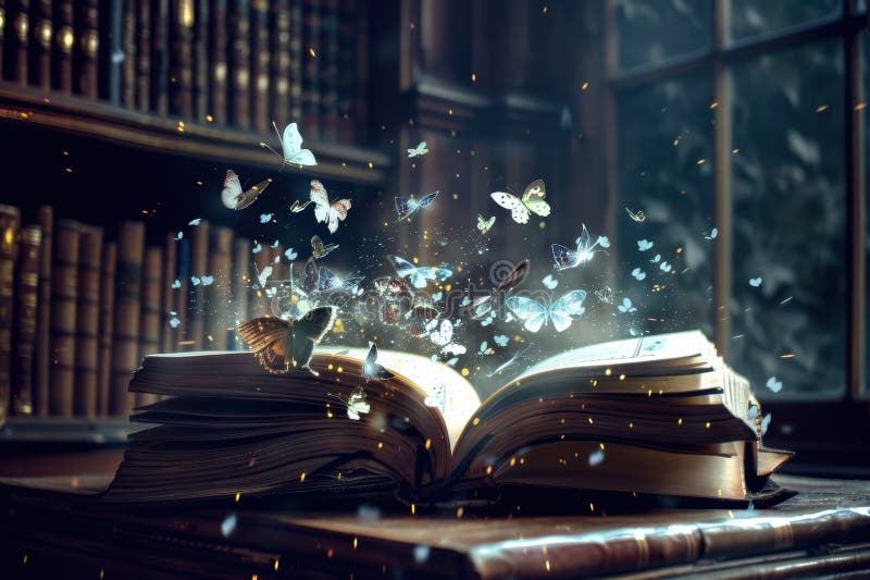 Opened Magic Book with Butterflies Flying Out of it. Stack of Books ...
