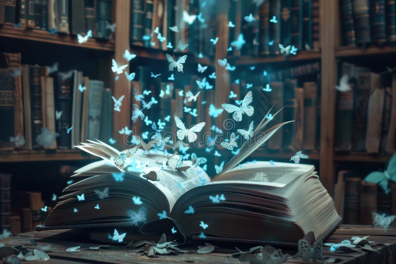 Opened Magic Book with Butterflies Flying Out of it. Stack of Books ...