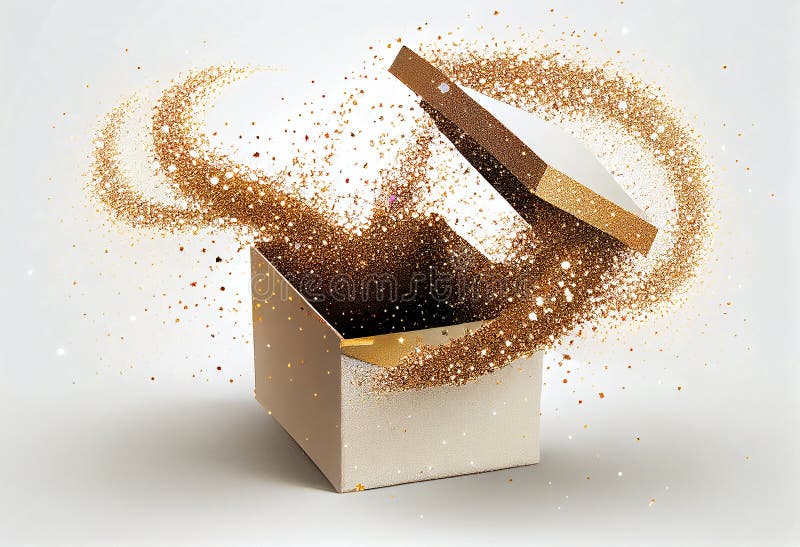 Opened Magic Gift Box with Sparkling Glitter Over White Background ...