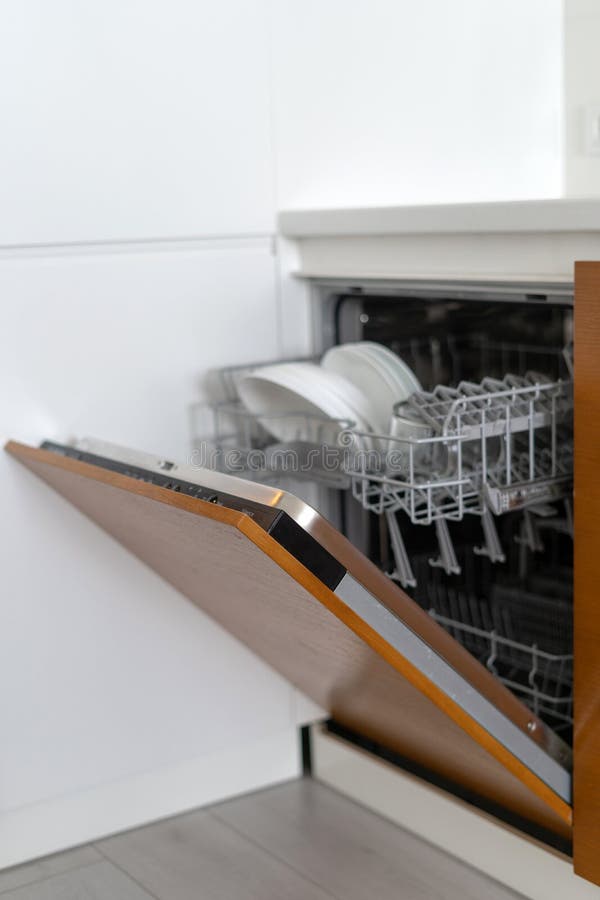 Opened Modern Dishwasher Machine with Plates and Cups on Kitchen Stock ...