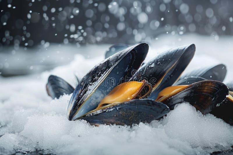 Opened mussels on the ice stock image. Image of mollusk - 347523553