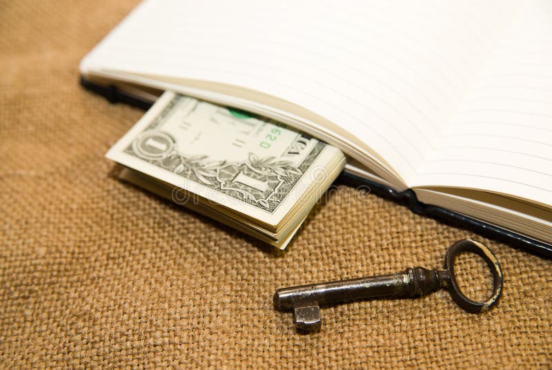 Opened Notebook, Key and Money on the Old Tissue Stock Photo - Image of ...
