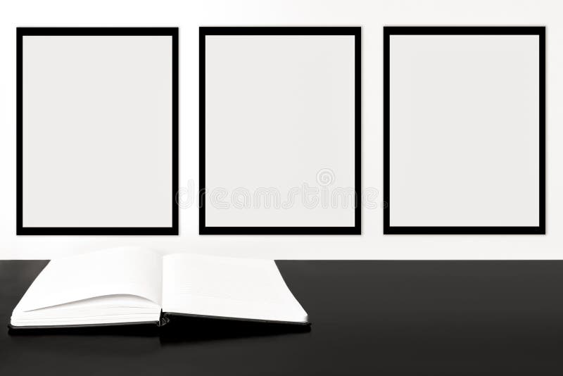 Opened Notebook, Three Blank Frames on the Wall. Black-white Background ...