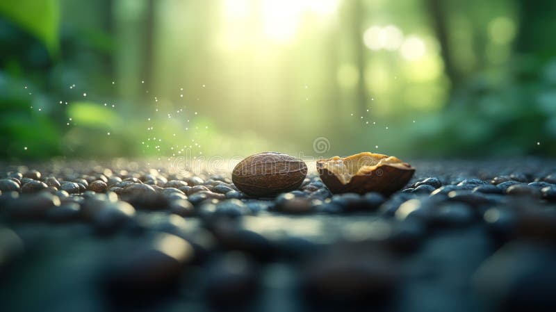 Opened Nut on Forest Floor, Sunlight Stock Illustration - Illustration ...