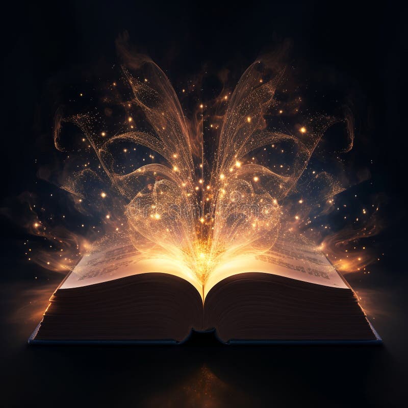 Opened Old Magic Book with Magic Firework Over Dark Background. Fantasy ...