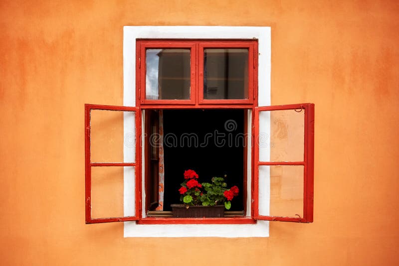Opened Old Red Window with Flowers in Orange Wall Stock Image - Image ...