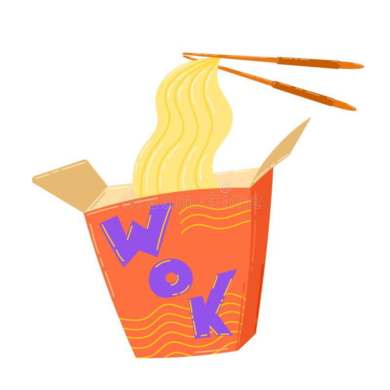 Opened Orange Wok Box Image with Noodles and Chopsticks Stock Vector ...