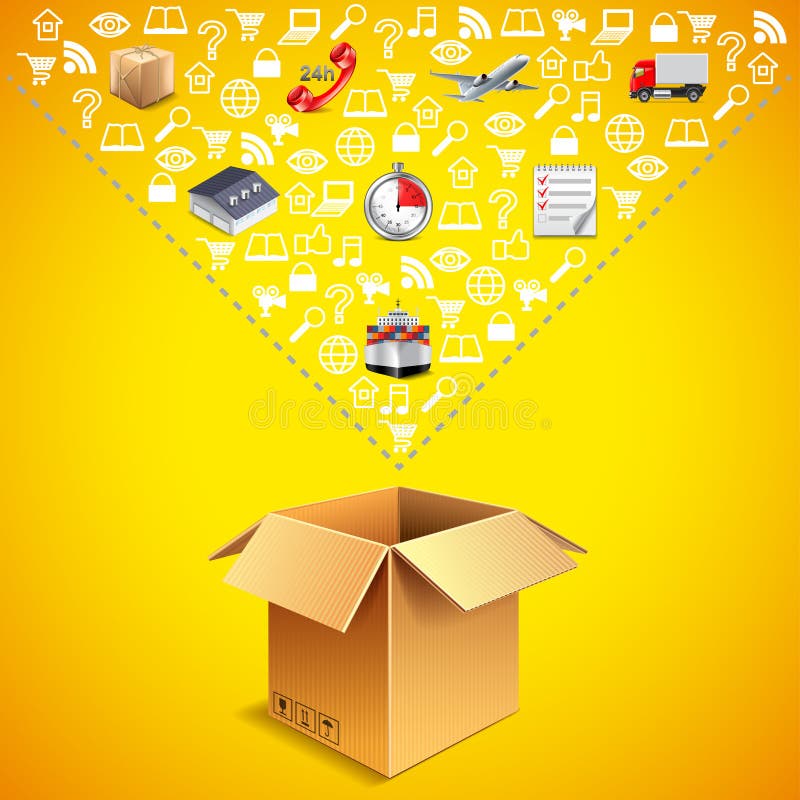 Opened Parcel Box and Many Logistics Icons Falling into it Stock Vector ...
