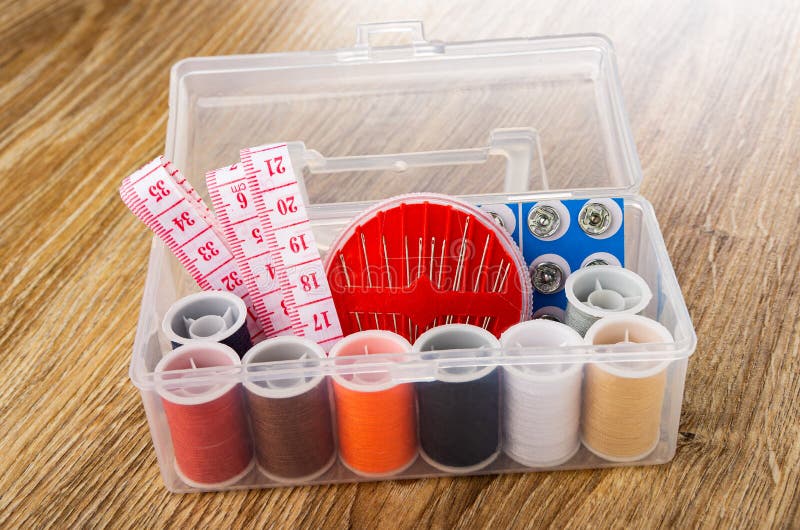 Opened Box with Sewing Kit in on Wooden Table Stock Image - Image of ...