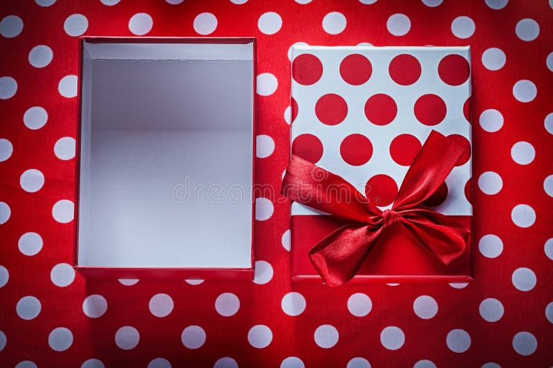 Opened Present Box on Polka-dot Red Fabric Celebrations Concept Stock ...